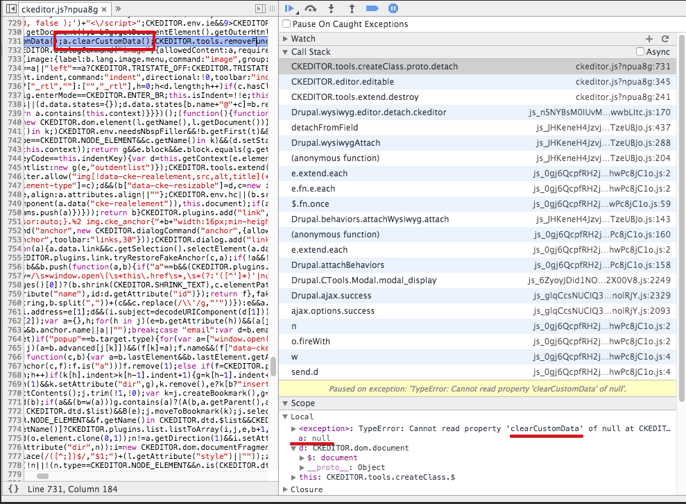 Ckeditor throws JS exception when wysiwyg is attached to fields inside ctools modal window form ...